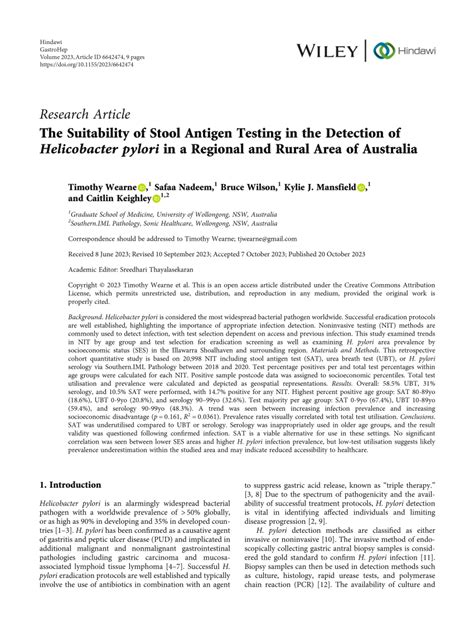 Pdf The Suitability Of Stool Antigen Testing In The Detection Of Helicobacter Pylori In A