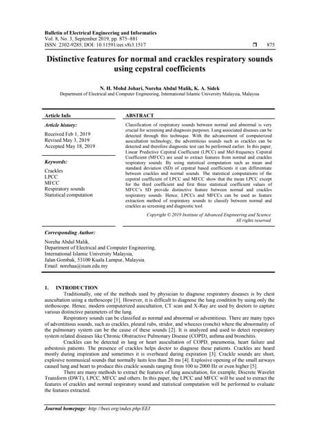 Distinctive Features For Normal And Crackles Respiratory Sounds Using Cepstral Coefficients