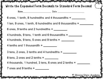 Convert Expanded Decimal Number Form To Standard Decimal Numbers Form Worksheets