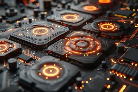 Futuristic Circuit Board Glowing Orange Elements Technology Design Digital Innovation Concept
