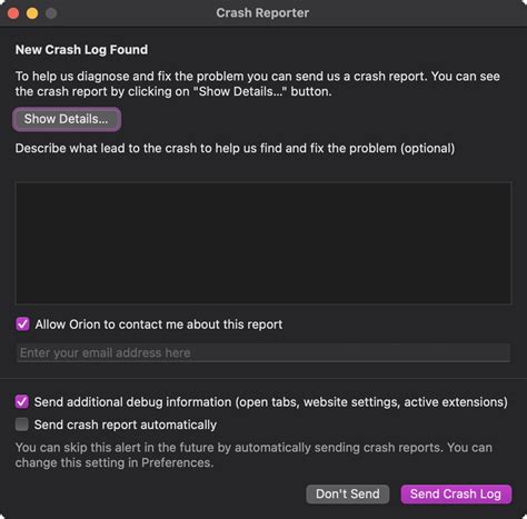 Outline Shared Crash Report Contents Privacy Implications In Settings Orion Public Issue Tracker