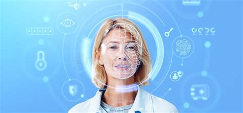 Young Woman And Biometric Scanning Digital Hologram And Encrypted Data Stock Illustration