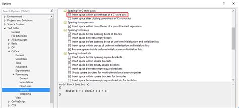 Code Formatting How To Keep Spaces Within Angle Brackets Of C Casting Operators In Visual