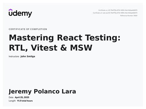 My Course Completion Certificate For Mastering React Testing Rtl Vitest And Msw Jeremy