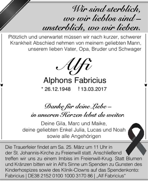 Traueranzeigen Von Alphons Fabricius Shz Trauer