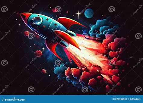Cartoon Rocket With Red And Blue Flames Bursting From The Bottom