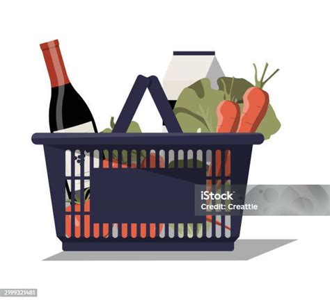 식료품 점과 함께 쇼핑 바구니 평면 벡터 일러스트 레이 션 상징 음식 쇼핑 식료품 점 소매 및 일상 필수품 흰색 배경에 고립 가득 찬에 대한 스톡 벡터 아트 및 기타 이미지