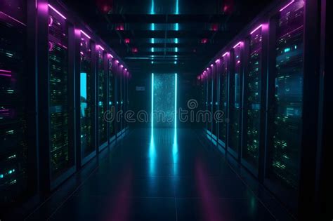 Data Center With Multiple Rows Of Fully Operational Servers In Cyan Purple Colors Neural
