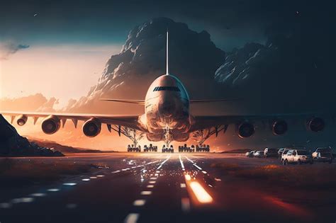 Premium Ai Image Sunset View Of Airplane On Airport Runway Under