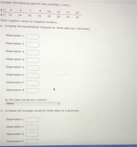 solved consider the following data for two variables x and