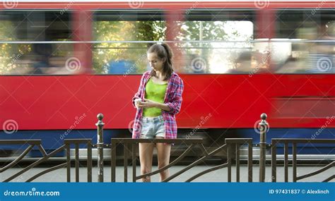 Teenage Girl On Bus Stop Stock Image Image Of Blurry 97431837