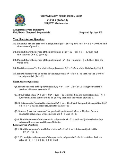 polynomials assignment pdf polynomial zero of a function