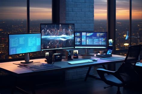 Premium Photo Modern Workspace With A Sleek Desk Dual Monitors Generative Ai