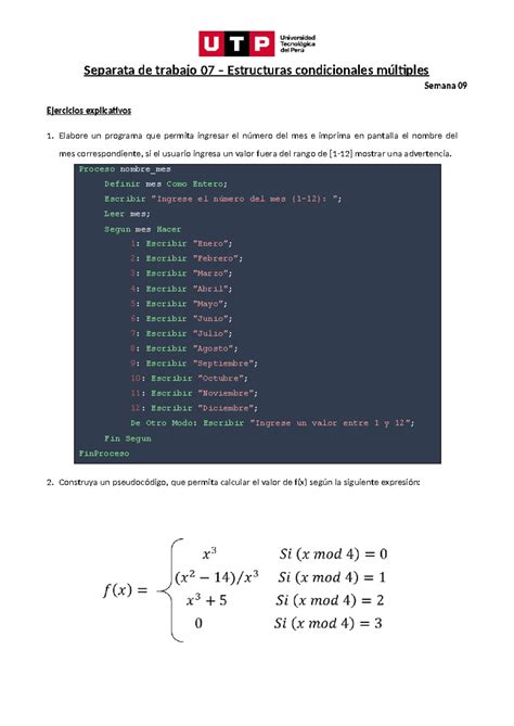 Algoritmos 9 Sssssssssssssss Separata De Trabajo 07 Estructuras Condicionales Múltiples