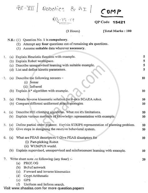 Robotics And Artificial Intelligence 2014 2015 Be Computer Engineering Semester 7 Be Fourth