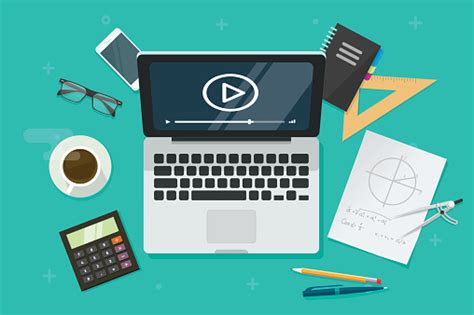 온라인 노트북 벡터 일러스트 레이 션 플랫 만화 테이블 컴퓨터 표시 거리 학습 동영상 강의 이러닝 인터넷 교육을 통해 교육