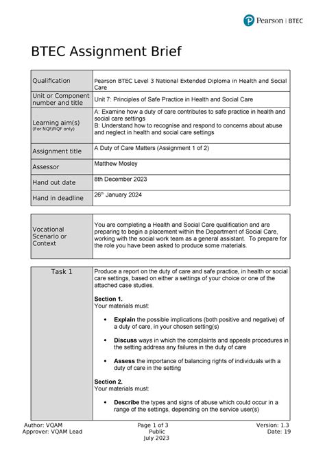 Btec Assignment Brief Unit 7 Btec Assignment Brief Qualification