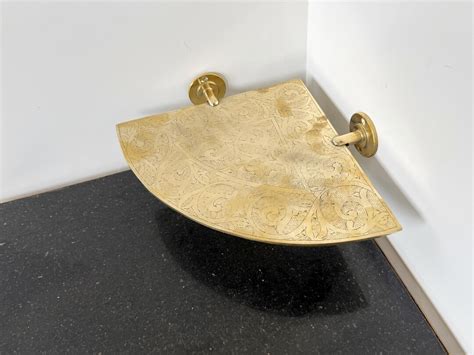 Unlacquered Brass Corner Shelf Handmade Etched Wall Mounted Brass Shelf Moroccan Inspired