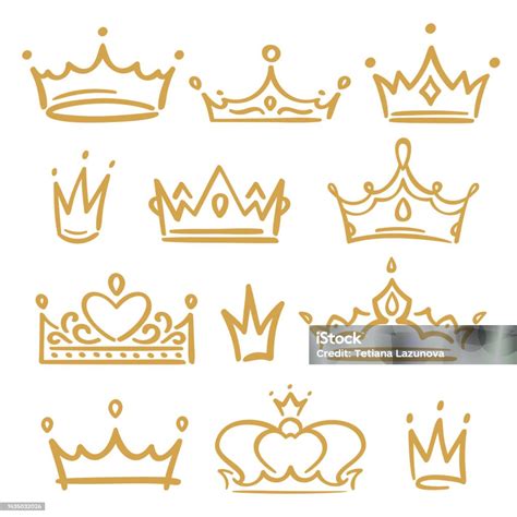골드 스케치 크라운 여왕과 왕 왕자와 공주를위한 다양한 왕실 액세서리 손으로 그린 디아뎀 경외감에 대한 스톡 벡터 아트 및 기타 이미지 Istock