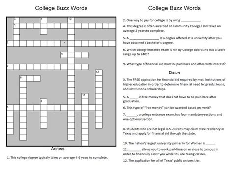 College Buzz Words Crossword Puzzle