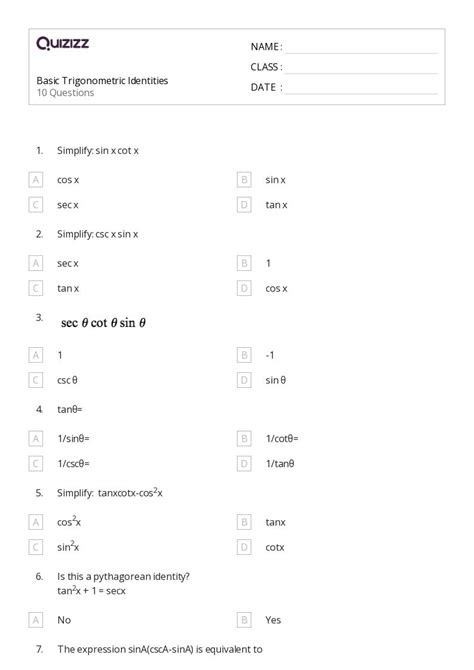 แผ่นงาน อัตราส่วนตรีโกณมิติ Sin Cos Tan Csc วินาที และ Cot มากกว่า 50