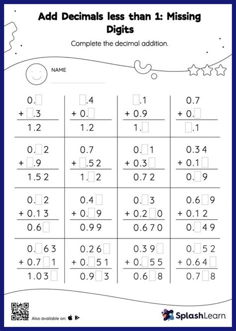 Add Decimals Less Than 1 Missing Digits Math Worksheets Splashlearn