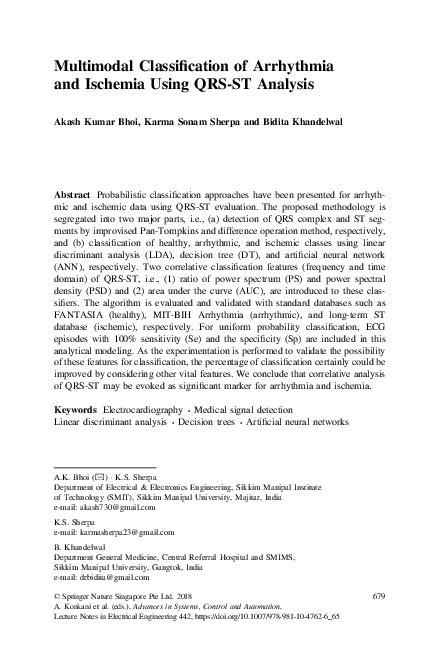 Pdf Multimodal Classification Of Arrhythmia And Ischemia Using Qrs St Analysis