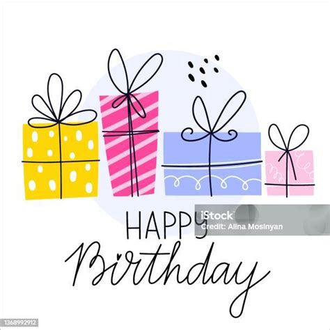 생일 인사말 카드 디자인과 손으로 그린 선물과 생일 축하 글자 리본선물 상자가 많이 있습니다 흰색 배경에 격리 된 플랫 스타일 벡터 그림입니다 0명에 대한 스톡 벡터 아트