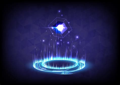 Gui 및 Ui 가상 현실을 보여주는 광선 스테이지 빛나는 Hud 프로젝터의 홀로그램 과학 미래형 Scifi 디지털 하이테크 무대 게임 판타지의 매직 게이트 서클 텔레포트