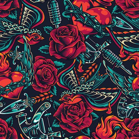 Retro Tattoo Seamless Patterns Set Vintage Tattoo Design Flash Tattoo Designs Seamless Patterns