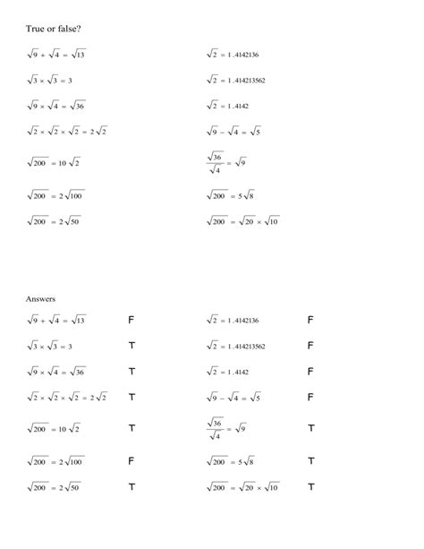 Square Root True Or False Worksheet