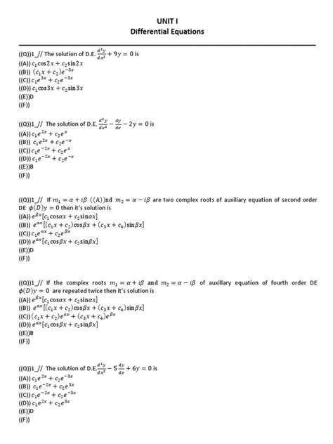 Mcq Unit I 1 Pdf Differential Equations Differential Calculus