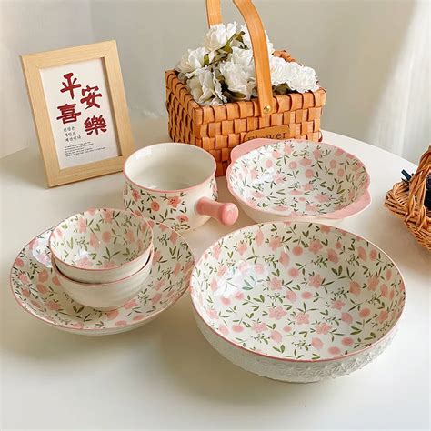 Cute Pink Flower Ceramic Dinner Set Dish Plates Set Dinnerware Set Tableware Porcelain Plates