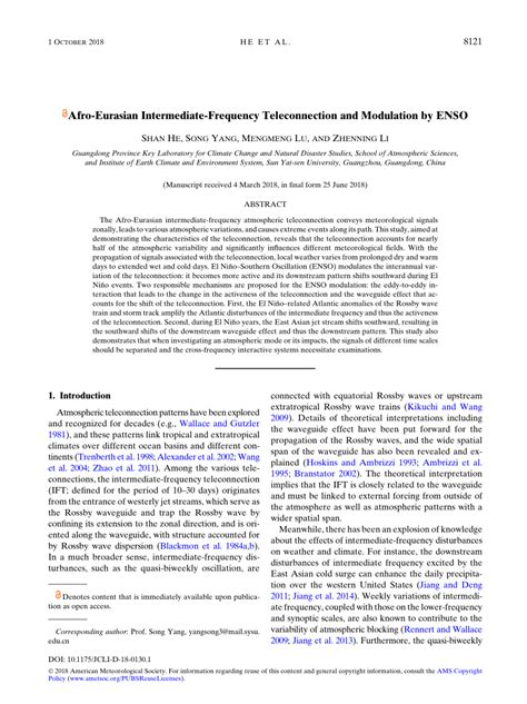 Pdf Afro Eurasian Intermediate Frequency Teleconnection And