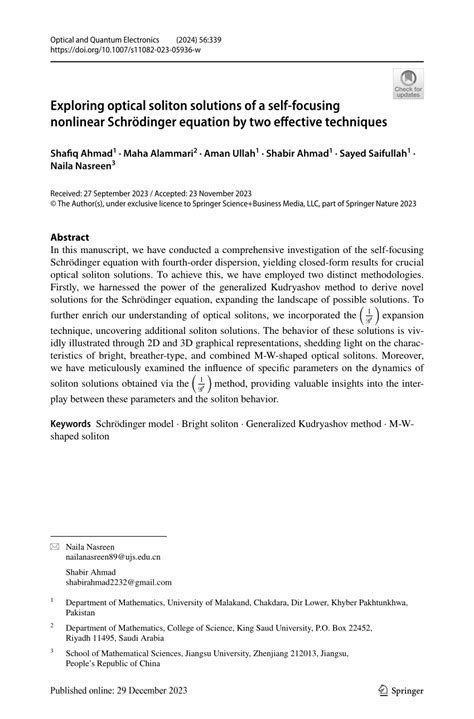 Pdf Exploring Optical Soliton Solutions Of A Self Focusing Nonlinear