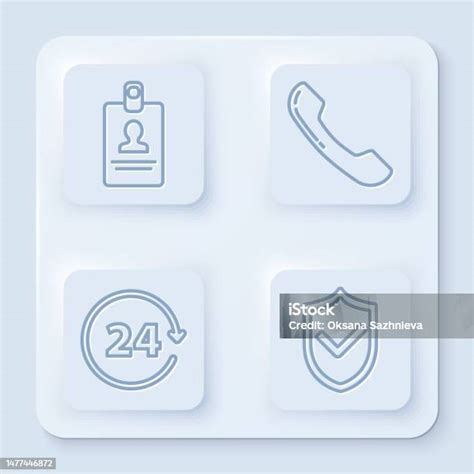 라인 식별 배지 전화 핸드셋 시계 24 시간 및 체크 표시가있는 방패를 설정하십시오 흰색 사각형 버튼 벡터 24에 대한 스톡