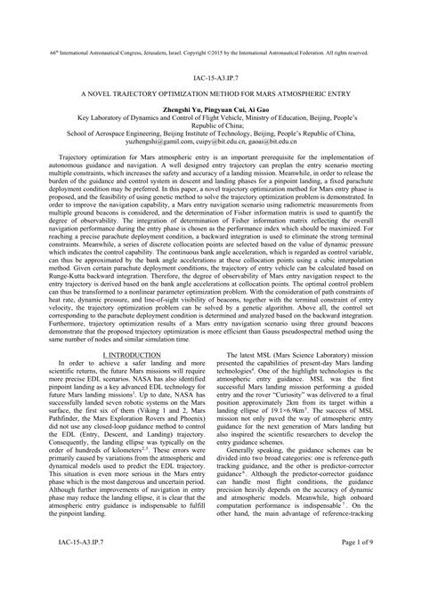 Pdf A Novel Trajectory Optimization Method For Mars Atmospheric Entry