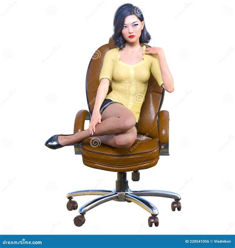 Japanese Secretary In Mini Skirt And Stocking In Chair Stock