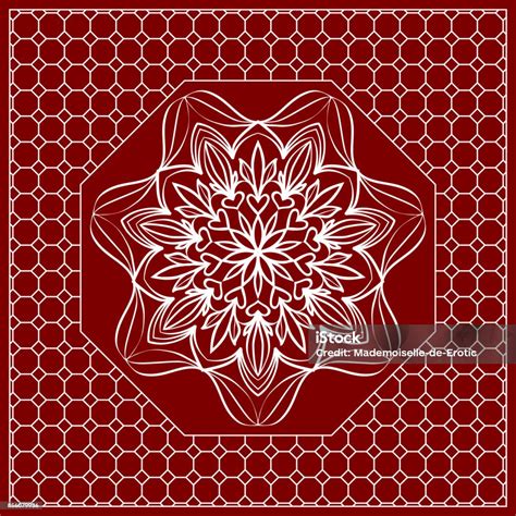 붉은 만다라 배경 화려한 레이스 프레임으로 기하학적 인 패턴 벡터 일러스트입니다 스카프 인쇄 직물 커버 스크랩북 두건 숄 숄 카펫 디자인 0명에 대한 스톡 벡터 아트 및