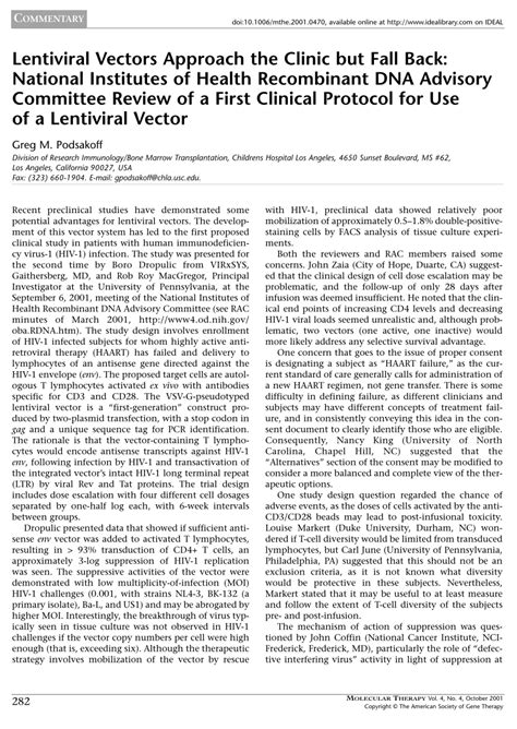 PDF Lentiviral Vectors Approach The Clinic But Fall Back National Institutes Of Health