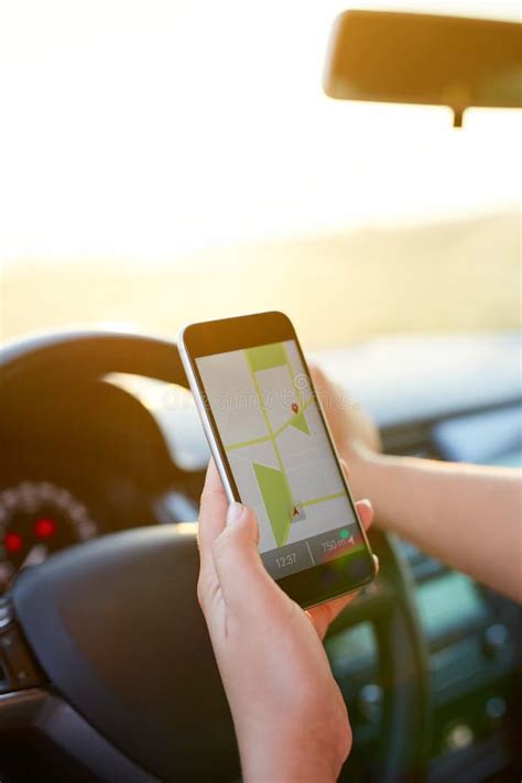Man In The Car Holding Mobile Phone With Map Gps Navigation Stock Image Image Of Application