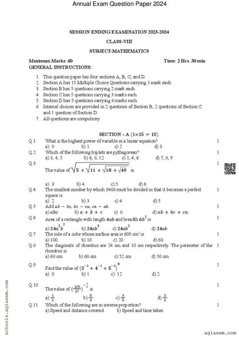 Class 8 Maths Question Paper 2024 Pdf Download 8th Annual Exam Maths Question Paper
