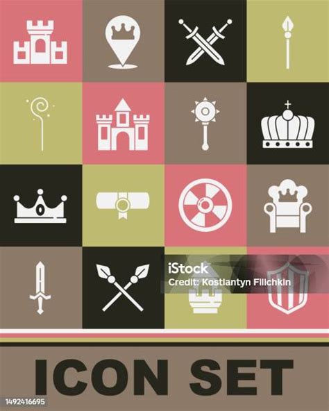 Set Shield บัลลังก์ยุคกลาง มงกุฎกษัตริย์ ดาบยุคกลางข้าม ปราสาท ป้อมปราการ เจ้าหน้าที่เวทย์มนตร