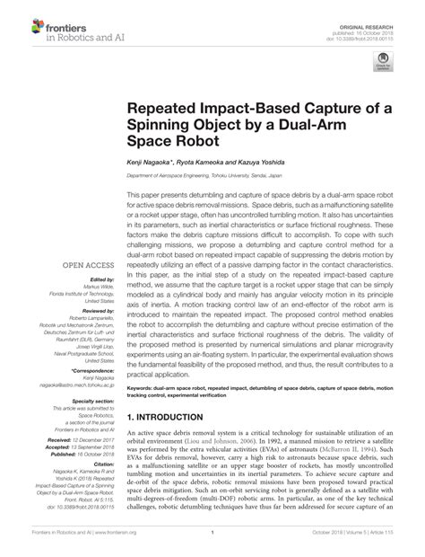 Pdf Repeated Impact Based Capture Of A Spinning Object By A Dual Arm Space Robot