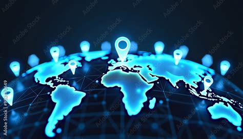 Futuristic Digital Global Network Glowing Location Pins Connected By