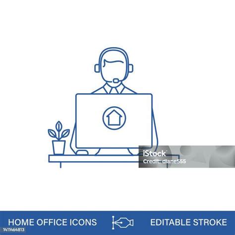 홈 오피스 라인 아이콘에서 편집 가능한 스트로크로 작업 노트북에 대한 스톡 벡터 아트 및 기타 이미지 노트북 라인아트 사람들 Istock