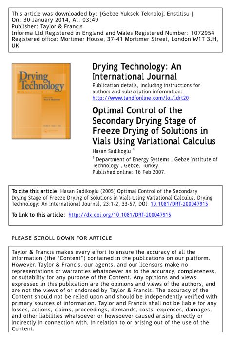 Pdf Optimal Control Of The Secondary Drying Stage Of Freeze Drying Of Solutions In Vials Using