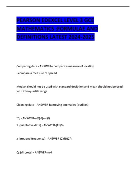 PEARSON EDEXCEL LEVEL GCE MATHEMATICS FORMULAE AND DEFINITIONS LATEST PEARSON EDEXCEL LEVEL