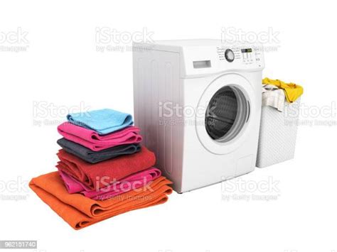 그림자 없이 흰색 배경에 3d 렌더링에 고립 된 색 수건 옷 세탁기와 더러운 옷을 세탁 바구니 세탁의 개념 가사 집안일에 대한 스톡 사진 및 기타 이미지 Istock