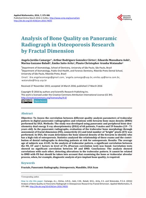 Pdf Analysis Of Bone Quality On Panoramic Radiograph In Osteoporosis Research By Fractal Dimension